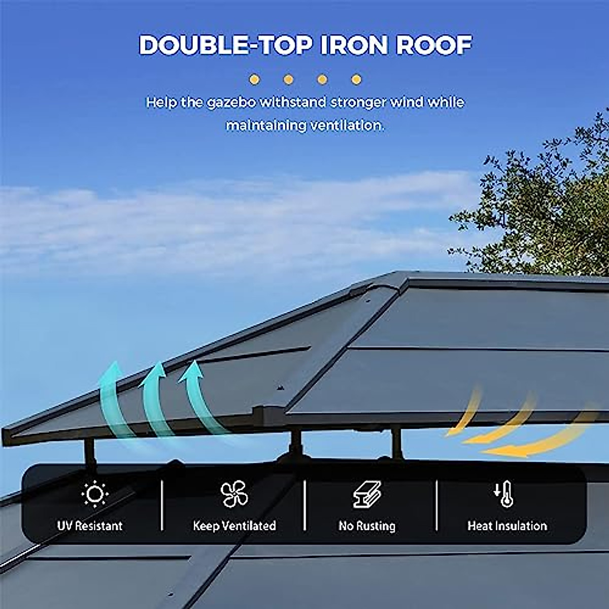 Metal Gazebo 10x12 Ft W/Double Roof, Anti-Rust Coating Permanent Iron Hardtop Outdoor Waterproof Pergola w/Curtains & Netting, Steel Hard Top Gazebo for Patio Backyard Garden Lawn Deck, w/Hook Design