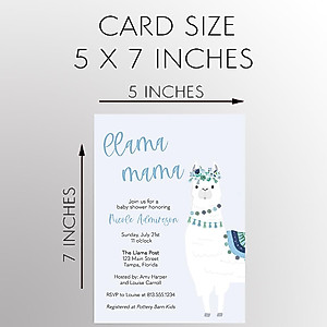 Llama Baby Shower Invitations Llama Mama Invites Blue Boy Boho Bohemian Fiesta Alpaca Custom Personalized Printed Cards (12 count)