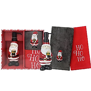 3-Piece Bathroom Accessory Set | Christmas Decor | Resin Soap Pump | 2 Embroidered Hand Towels | 3 Designs | Box Set | Great Gift | for Bathroom, Kitchen, Any Countertop | (Gifting Santa)