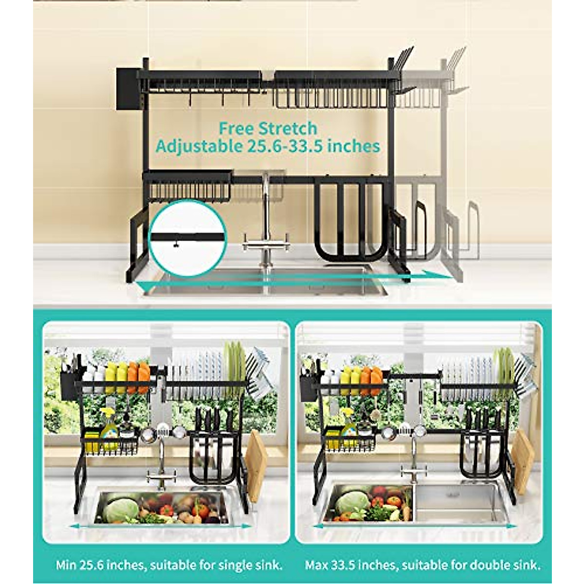 Dish Drying Rack Over Sink Adjustable (25.6"-33.5"),2 Tier Stainless Steel Length Expandable Kitchen Dish Rack,Large Dish Rack Drainer for Kitchen Organizer Storage Space Saver with 10 Utility Hooks