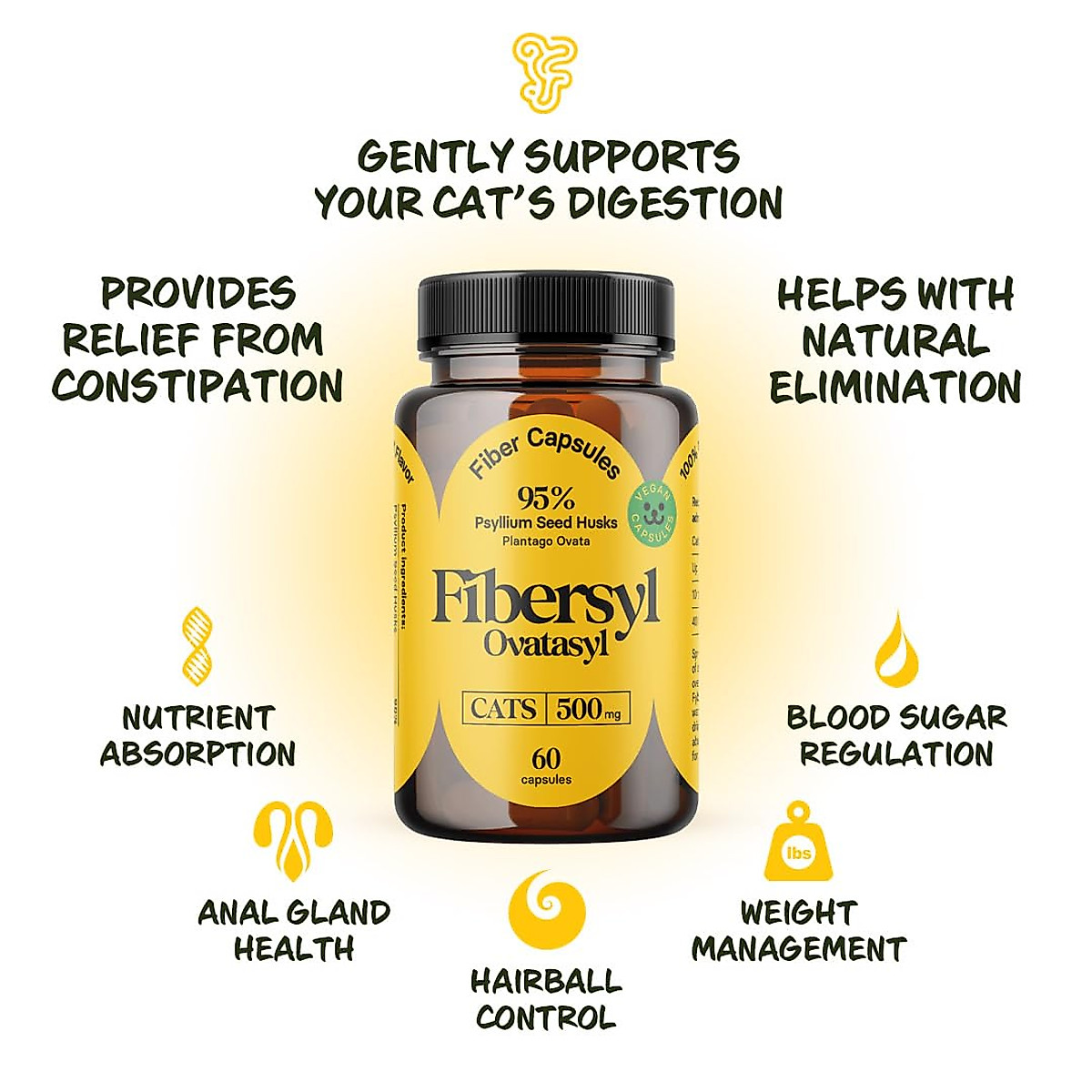 Vegan Fiber Capsules for Cats Digestive Supplement, Ovatasyl 500 mg Psyllium Seed Husks, Constipation, Hairballs, Pet Essentials & Wellbeing, 100 Vegan Capsules