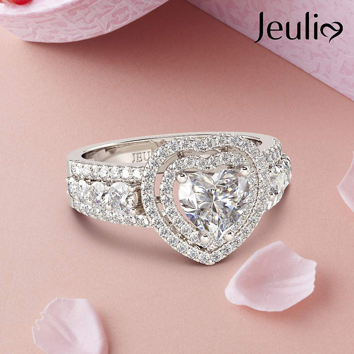 Jeulia Double Halo Heart Cut Ring 925 Sterling Silver CZ Solitaire Engagement Ring White Diamond Promise Rings with Side Stones Romantic Gift for Her (6.5)