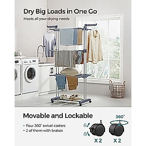 SONGMICS Clothes Drying Rack Stand 4-Tier, Foldable Laundry Drying Rack 67.7-Inch Tall, Stainless Steel, Rolling Clothes Horses Dryer Rack, Easy to Assemble, Indoor Outdoor Use, Gray ULLR701G01