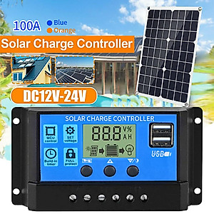 100A Solar Charge Controller 12V 24V PWM Auto Focus Tracking Solar Panel Charge Controller Regulator with Dual USB Port LCD Display Multiple Load Control Modes -Blue