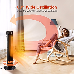 TRUSTECH 36" Tower Space Heater for Large Room, 1500W PTC Electric Heater with Adjustable Thermostat, 3D Flame, 12H Timer, Tower Heater for Indoor Use