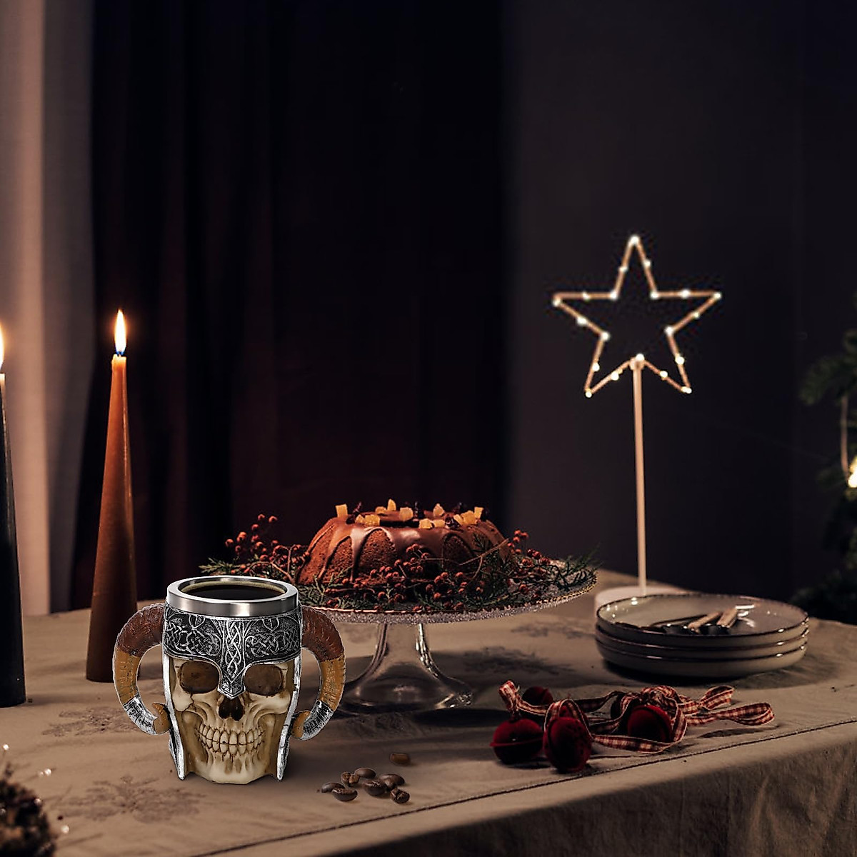 Tlence Stainless Steel Skull Mug, 20 OZ Halloween Viking Drinking Cup, Large Skeleton Resin Beer Stein Tankard with Double Handles, Bar Drinkware Medieval Decoration for Coffee, Tea, Novelty Gifts