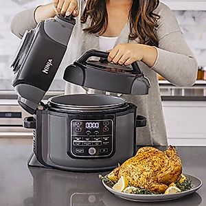NINJA Foodi Cooker, Steamer & Air w/TenderCrisp Technology Pressure Cooker & Air Fryer All-in-One, 6.5 quart w/dehydrate, Black/Gray (Renewed)