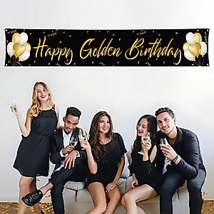Labakita Large Happy Golden Birthday Banner, Golden Birthday Party Banner, 5th, 21st, 24th, 25th, 28th, 30th, 50th 60th Birthday Decorations Supplies