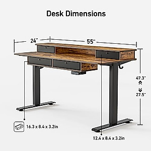 FEZIBO Height Adjustable Electric Standing Desk with 4 Drawers, 55 x 24 Inch Table with Storage Shelf, Sit Stand Desk with Splice Board, Black Frame/Rustic Brown Top, 55 inch