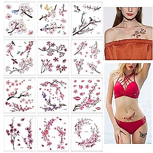 Glaryyears Flower Birds Temporary Tattoos, 12 Sheets Cherry Blossoms Fake Realistic Tattoo Sticker for Women Girls, Sexy Leaf Body Art for Seasons