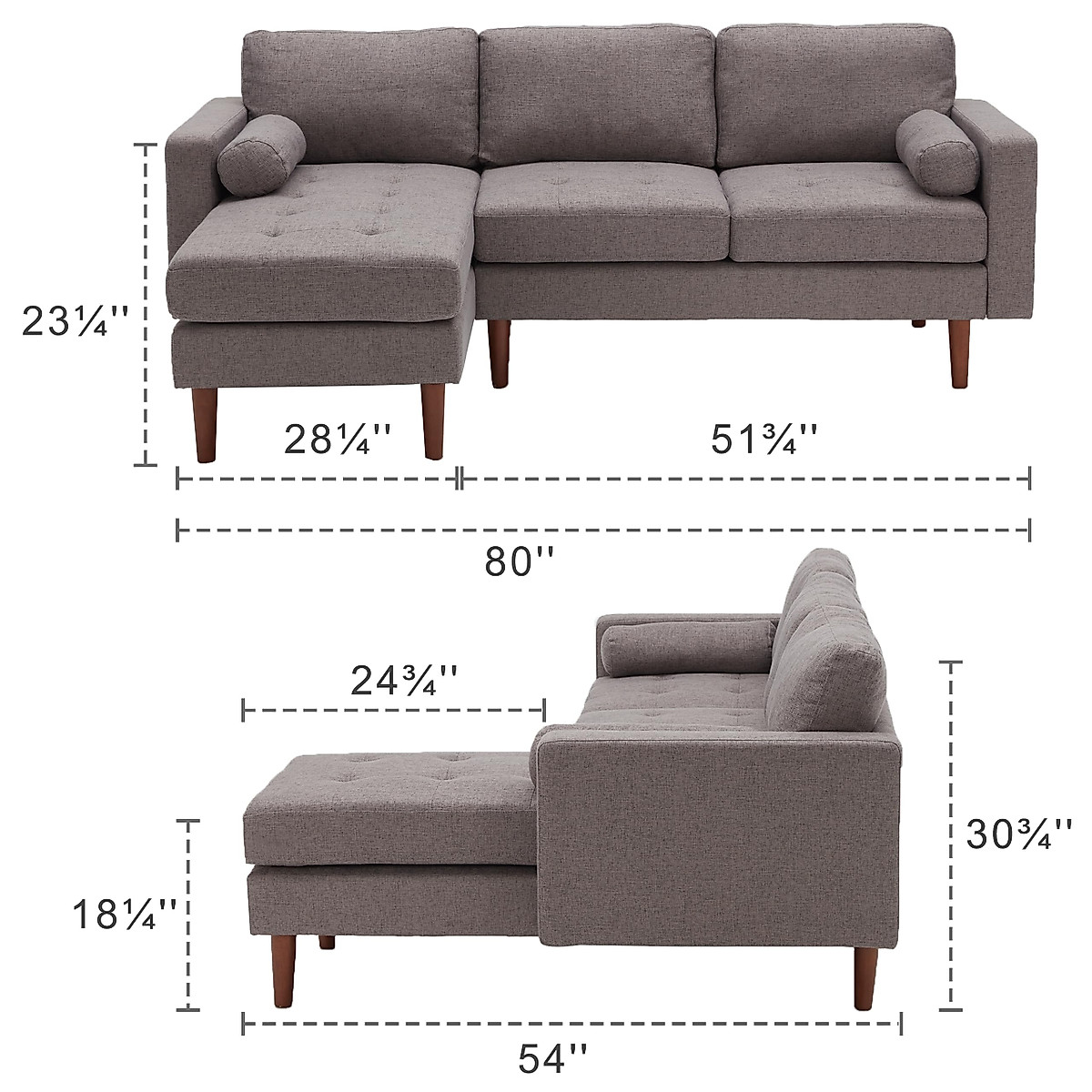 Tbfit 80" W Sectional Sofa Couch, L Shaped Couch with Reversible Chaise, Mid Century Modern Linen Fabric Couches for Living Room Apartment Small Space, Convertible Sofa with Tufted Seat Cushion, Grey
