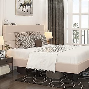 Benevika Full Size Upholstered Platform Bed Frame with Linen Fabric Simple Style Headboard and Wooden Slats Support, Upholstered Mattress Foundation, No Box Spring Needed, Easy Assembly, Beige