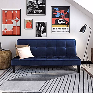 REALROOMS Tyler Velvet Upholstered Futon, Convertible Sofa Bed & Couch, Blue