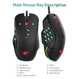 Havit Gaming Mouse Computer Ergonomic Wired Mice with 14 Programmable Buttons Interchangeable Side Plates (8 Buttons/ 8+6 Side Buttons), 2 Replaceable Right Plates for Laptop PC Gamer