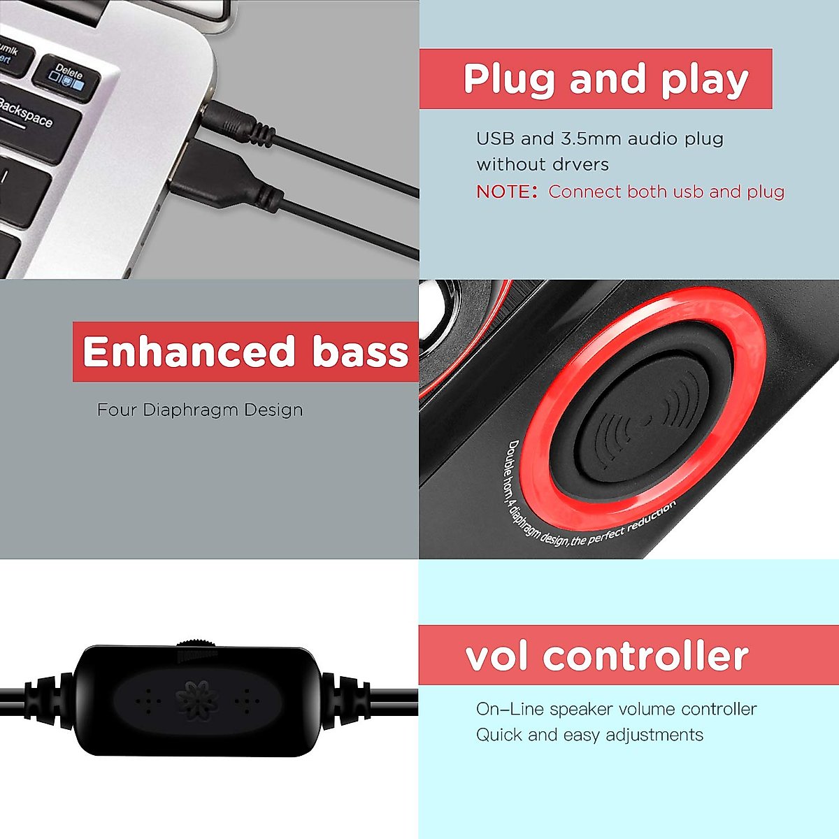 Computer Speakers, 2.0 CH PC Speakers with Surround Sound, USB Wired Laptop Speakers with Deep Bass for Desktop Computer/PC/Laptops/Smart Phone Build-in 4 Loudspeaker Diaphragm Reccazr SP2040|RED