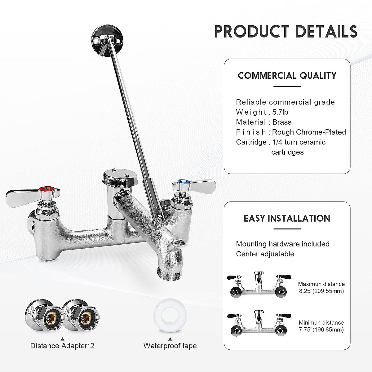 Mop Sink Faucet Service Sink Faucet with Vacuum Breaker, Pail Hook & Garden Hose Thread, 8" Adjustable Center