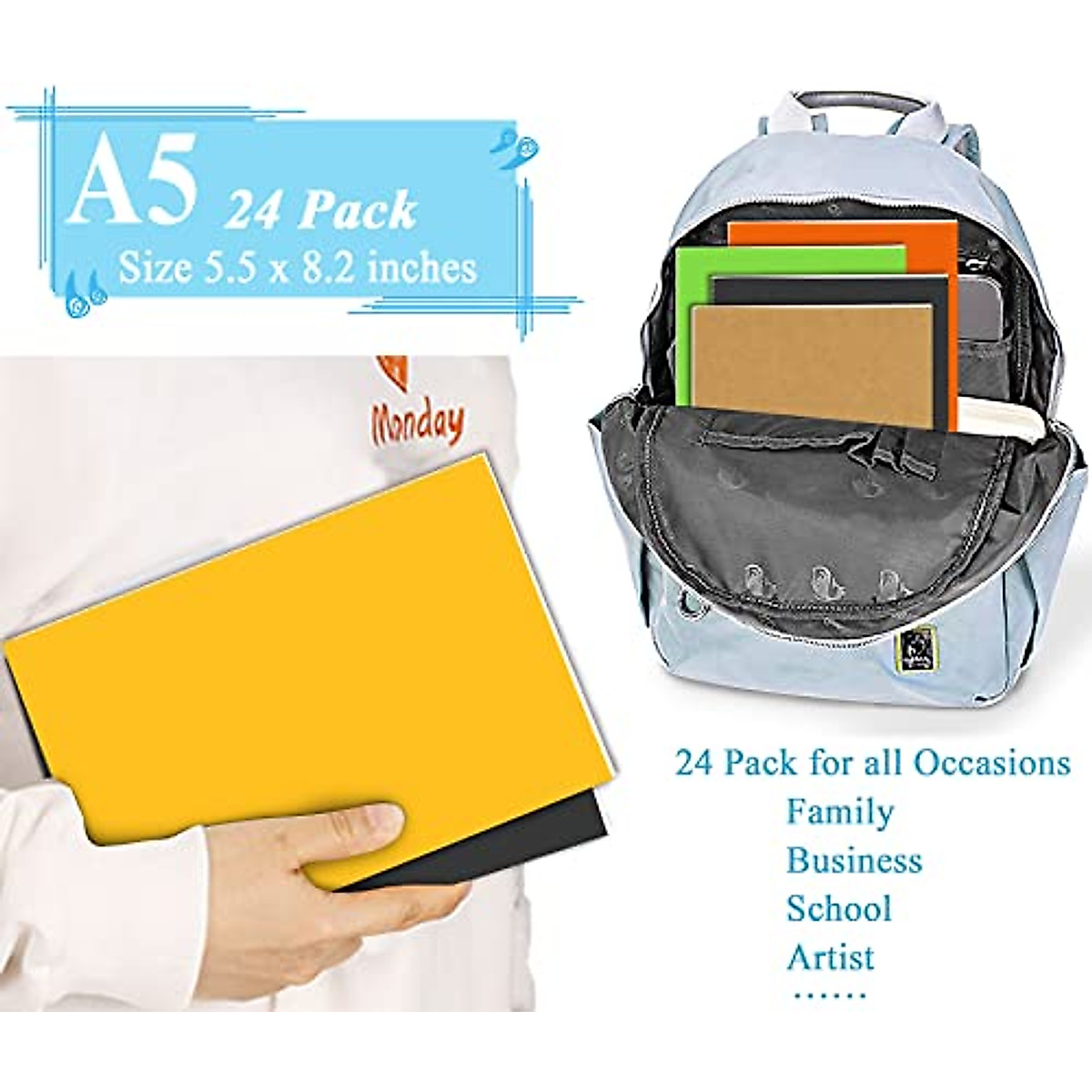 DWIYITTN 24 Pack Blank Journals Bulk, A5 Unlined Notebook with 80 gsm Thick Paper, 8.3x5.5 Inch, 60 Pages Each for Kids, Students, Gifts and Office