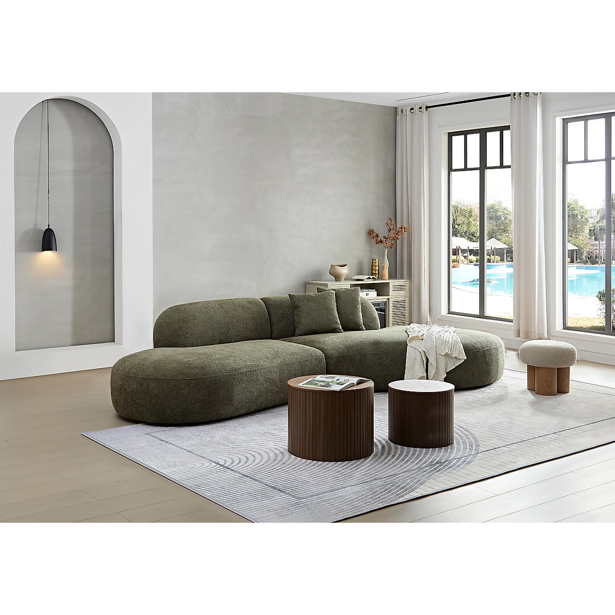 LETBASK 135.4" Curved Sectional Sofa,Oversized Modular Chaise Longue,6-Seat Boucle Fabric Couch with Pillows for Living Room,Apartment,Office (Green+Right-Facing)