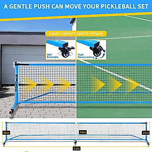 Hamino Pickleball Set with Net Wheels, 22 FT Regulation Size Pickleball Net Set with Steady Metal Frame Base/Sturdy PE Net/600D Carrying Bag, Portable Outdoor Driveway Home Backyard Fun for All Ages