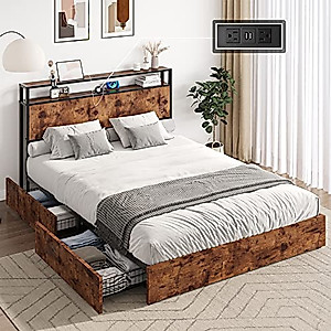 AMERLIFE Queen Size Storage Bed Frame, Wooden Platform Bed with Charging Station, 4 Drawers & Headboard/ No Box Spring Needed/ Noise-Free/ Dark Brown