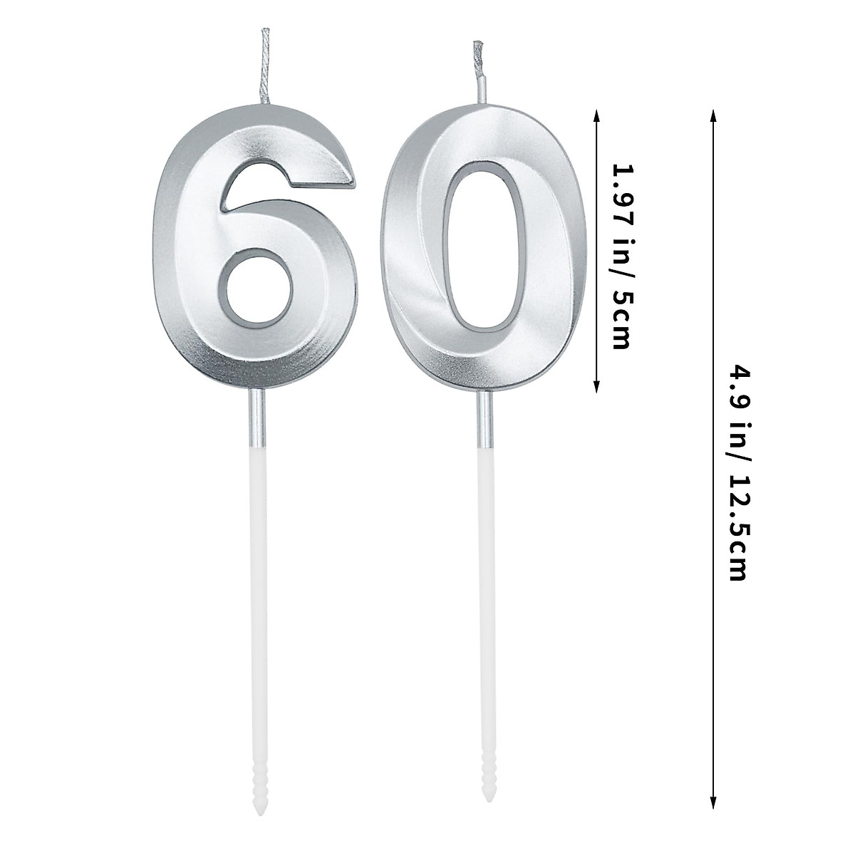 Silver 60th Birthday Candles for Cakes, Number 60 Candle Cake Cupcake Topper for Birthday Anniversary Party Decoration