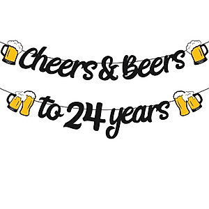 24th Birthday Decorations Cheers to 24 Years Banner for Men Women 24s Birthday Backdrop Wedding Anniversary Party Supplies Black Glitter Decorations PRE Strung
