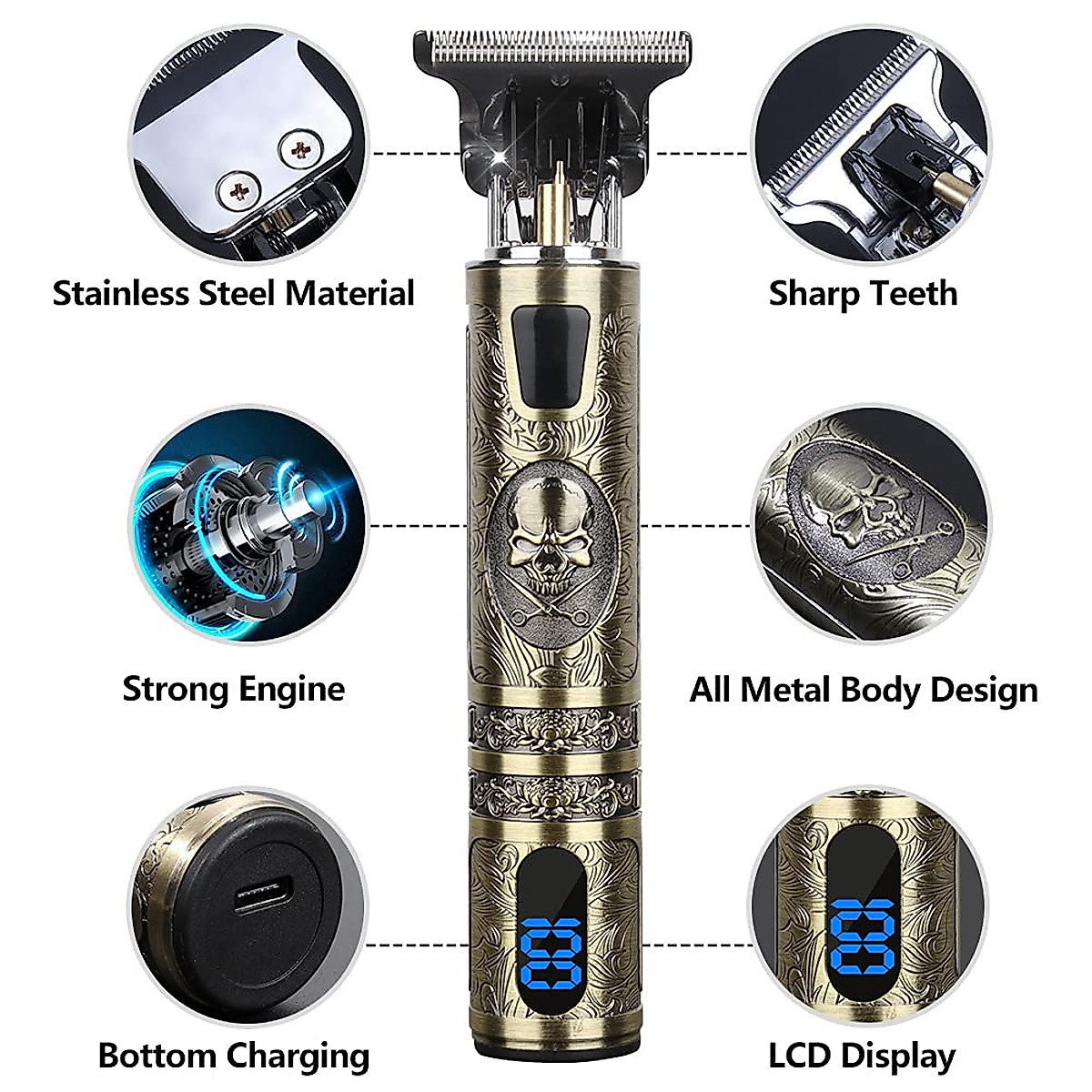 Professional Hair Trimmer for Men Cordless Hair Clippers LCD display Zero Gapped T Blade Rechargeable Multifunctional for Barber Family LCD-Skull-bronze