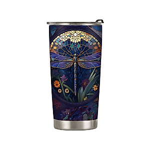 ORCAE 20oz Dragonfly Coffee Tumbler, Dragonfly Gifts for Dragonfly Lovers, Colorful Mosaic Flower Purple Dragonfly Tumbler Cup, Stainless Steel Coffee Thermos Insulated Travel Mug with Lid - G