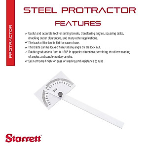 Starrett Steel Protractor with Double Graduations - Ideal for Setting Bevels, Transfer Angles, Small Squaring - 6" (150mm) Blade Length, 0-180 Range, Rectangular Head - C183