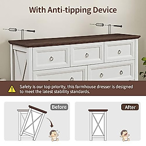 8 Drawer Dresser for Bedroom, 54" Farmhouse Dresser, Rustic Chest of Drawers, White Dresser with Barn Design, Thickened Tabletop & Round Bronze Handles, Wood Dresser for Closet, Bedroom Dressers