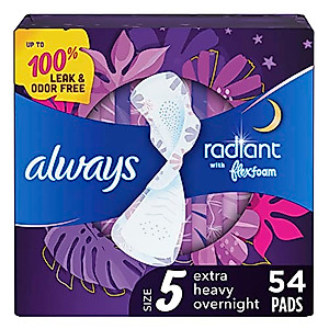 Always Radiant Feminine Pads For Women, Size 5 Extra Heavy Overnight Absorbency, Multipack, With Flexfoam, With Wings, Scented, 18 Count x 3 Packs (54 Count total)
