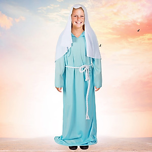 Hicarer Child Mary Costume Kids Biblical Costumes for Kids Girls Virgin Mary Costume with White Headpiece Belt Blue Robe Christian