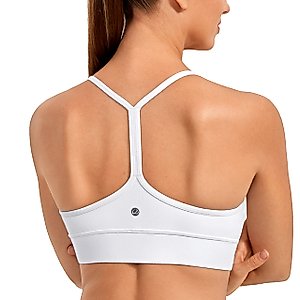 CRZ YOGA Butterluxe Womens Y-Back Racerback Sports Bra - Spaghetti Straps Wireless Scoop Neck Athletic Padded Yoga Tops White Medium