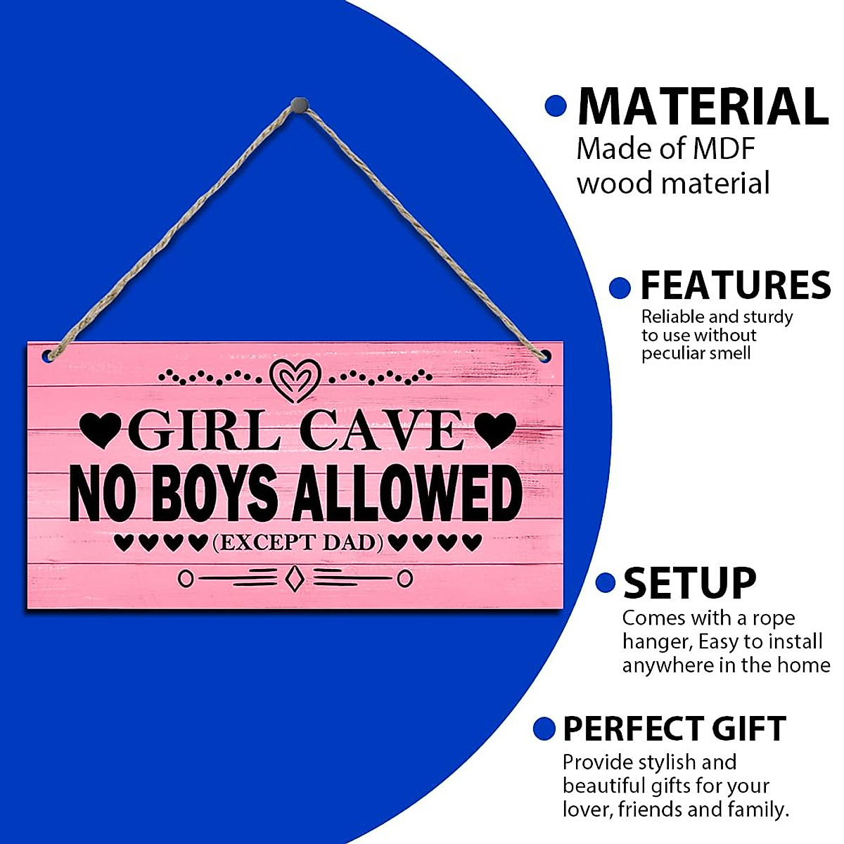 Pink Little Girl Cave Hanging Wooden Sign No Boys Allowed (Еxcept Dad) Quote Plaque Hanging Wall Art Decor for Nursery Kids Toddler Girls Bedroom Playroom Living Room Decorations 12''X 6'' (J690)