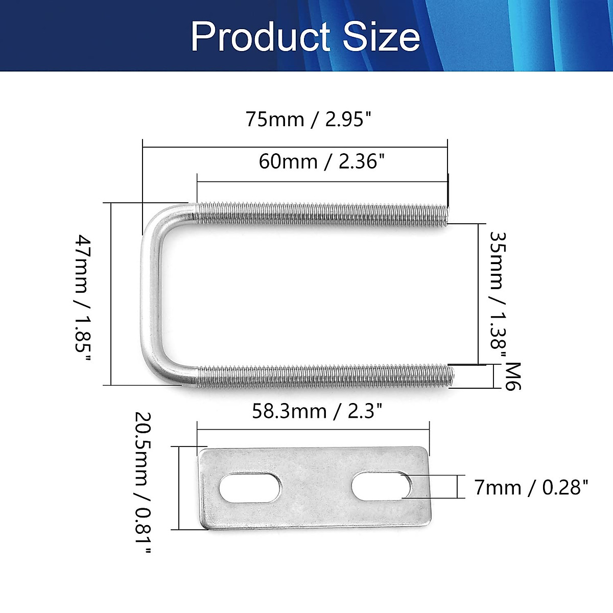 Aicosineg 1.38" Inner Width U Bolt Fasteners with Nuts Washers M6x35x75mm 304 Stainless Steel Square Bend for Hardware Plumbing Boats Industrial Mechanical Silver Tone 4pcs
