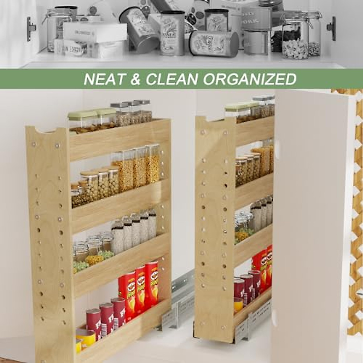 LOVMOR Adjustable Pull Out Cabinet Organizer 4½” W x 24½”H 4-Tier Narrow Cabinet Drawers Slide Out with Soft Close Wood Spice Rack for Narrow Cabinet
