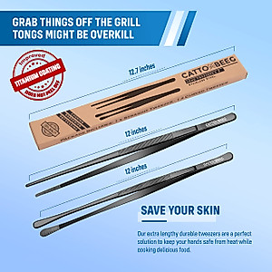 CATTOMBEEG Long Tweezers 12 Inch – Cooking Tweezers Black Stainless Steel Kitchen Tweezers Tongs For Cooking, BBQ Cooking Tongs, Pet Feeding, Repairing, Arts And Crafts - Pack of 2
