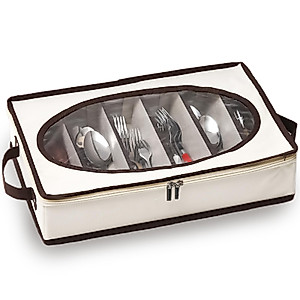 Hiceeden Flatware Utensil Storage Case Box, 6 Adjustable Compartment Silverware Organizer with Zipper Lid and Handles, Cutlery Storage Container for Spoon, Fork, Knife, Chopstick Oraganizing