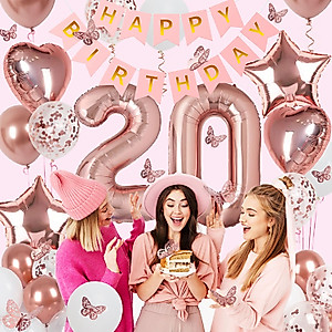 Rose Gold 20th Birthday Decorations for Girl, 20 Year Old Birthday Sign with Happy Birthday Banner, 40In Number 20 Foil Birthday Balloons, Butterfly Decorations, Heart and Star Balloons