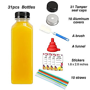 Moretoes 31pcs 16oz Empty Plastic Juice Bottles with Caps, Bulk Clear Beverage Containers for Juicing Drinking Milkshake Tea and Other Beverages