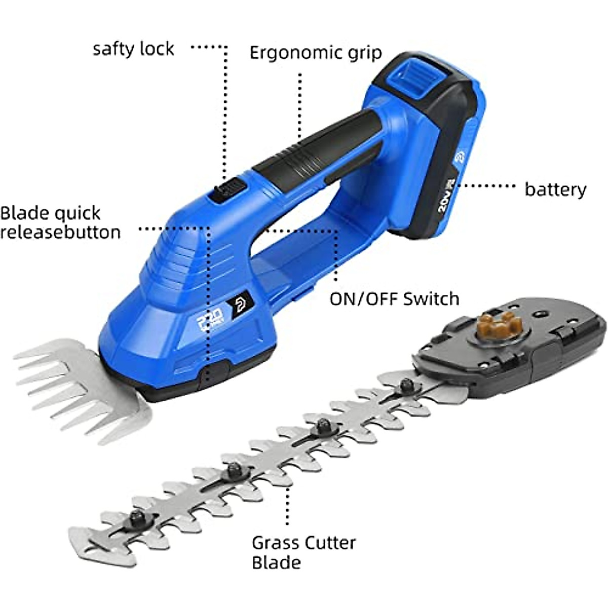 Cordless Grass Shears & Shrub Hedge Trimmer, 2 in 1 Electric Handhled Hedge Clippers 20V Grass Cutter Trimmer with Rechargeable Lithium-Ion Battery and Charger, Plastic Cover Included