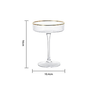 Ribbed Coupe Glasses With Gold Rim, For Martini, Champagne, Cocktails | Set of 4 | 8 oz Classic Manhattan Glasses Speakeasy Cocktail, Ripple Coupes Glasses, Art Deco Gatsby Vintage, Crystal Stemmed