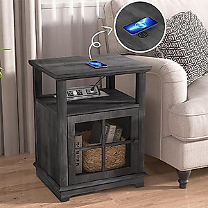 HIFYOBRO End Table with Wireless Charging Station, Nightstand with Storage, Wood Sofa Side Table with USB Port for Living Room, Bedroom, Grey