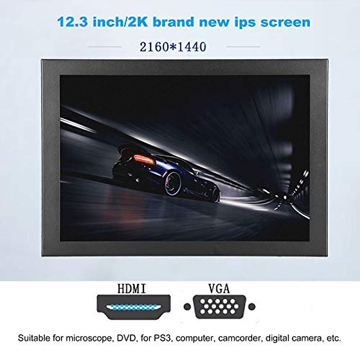 12.3 inch Portable Monitor, 16:9 Computer Display 2160x1440 Full HD IPS Screen, HDMI/VGA Gaming Monitor for Computers, Microscopes, DVDs, Camcorders(2K)