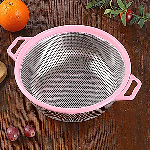 HiramWare Stainless Steel Colander With Handle and Legs, Large Metal Pink Strainer for Pasta, Spaghetti, Berry, Veggies, Fruits, Noodles, Salads, 5-quart 10.5” Kitchen Mesh Colander, Dishwasher Safe