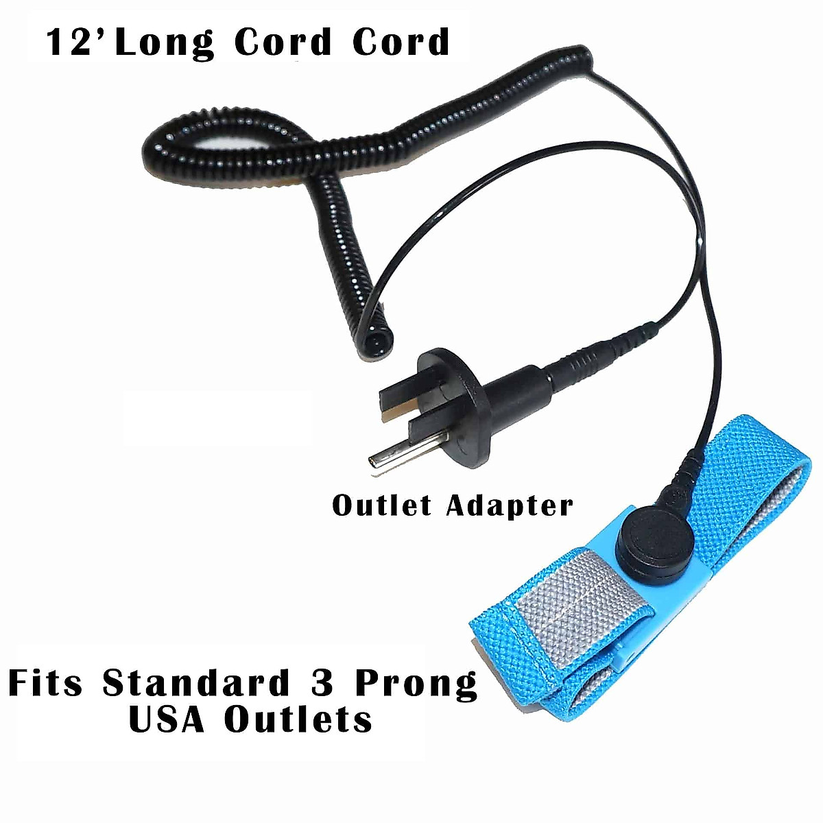 Static Care Banana Jack Outlet Plug Adapter with ESD Anti Static Wrist Strap Set 12' Coil Cord - Universal Ground 3 Prong USA Adapter