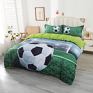 ENJOHOS Green Kids Duvet Cover Queen, 3 Piece 3D Soccer Bedding for All Season, Sports Theme Microfiber Comforter Cover Set with 2 Pillowcase（No Comforter No Fitted Sheet）
