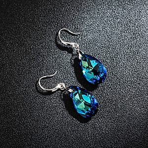 Austrian Crystal Teardrop Dangle Hook Earrings for Women 14K Gold Plated Hypoallergenic Jewelry (Bermuda Blue)
