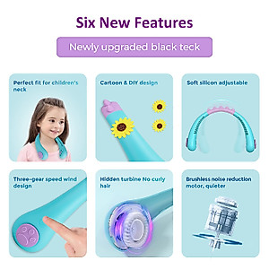 ICEBIRDS Portable Neck Fan for Kids 2021 New Bladeless Fan, USB Rechargeable Battery Operated Hanging Personal Mini Fan，Cartoon Headphone Design, Wearable Creative Leafless Fan，3 Speeds-Dinosaur Cyan