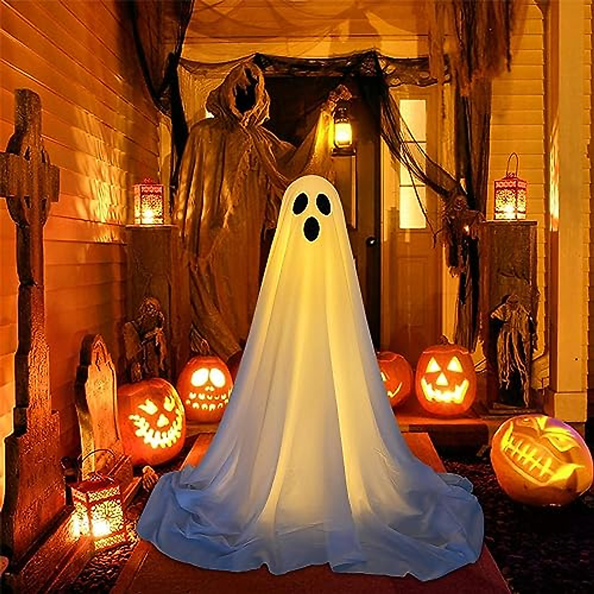 Large Lighted White Cloth Ghosts | Large Lighted Standing White Cloth Ghosts | Halloween Home Courtyard Lawn Party Decoration Halloween Outdoor Decoration | Halloween Light Up Decorations Outdoor